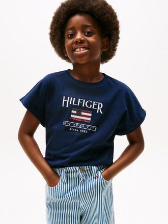 Tommy Hilfiger Kurzarmshirt HILFIGER SEQUINS FLAG TEE SS mit Pailetten, mit Logodruck