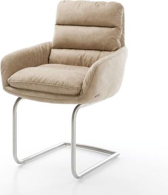 DELIFE Freischwinger Abelia-Flex mit Armlehnen Mikrofaser Beige Vintage Freischwinger rund Edelstahl, Esszimmerstühle