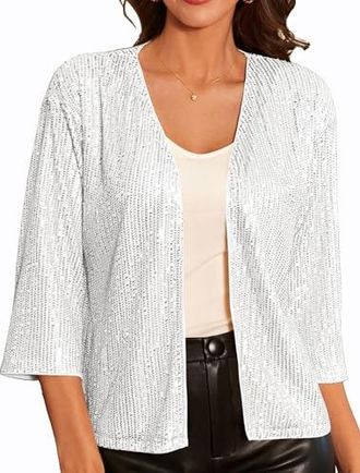 Grace Karin Femme Cardigan Court à Sequins Manches Longues Pull Chic Bolero Femme Mariage Col V pour Soir Blanc à Paillettes XXL