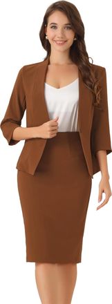 Allegra K Business-Rock-Anzug-Set f&uuml;r Damen, 2-teiliges B&uuml;ro-Arbeits-Outfit, kragenloser Blazer, BleistiftrockBraun M