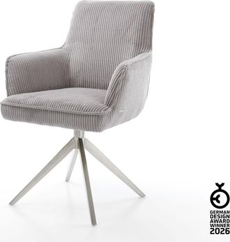 DELIFE Drehstuhl Heira-Flex mit Armlehnen Cord Silbergrau Kreuzgestell breit Edelstahl 360&deg; drehbar Taschenfederkern, Esszimmerst&uuml;hle