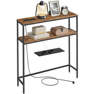 Vasagle Table Console avec Prise, Bout de Canapé Étroit avec 2 Étagères, 20 x 80 x 80 cm, pour Salon, Couloir, Entrée, Marron Rustique et Noir dencre LNT135KD
