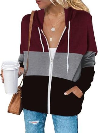 Generic Sweat &agrave; capuche &agrave; manches longues et fermeture &eacute;clair pour femme - Grande taille, Rouge/gris, XXL