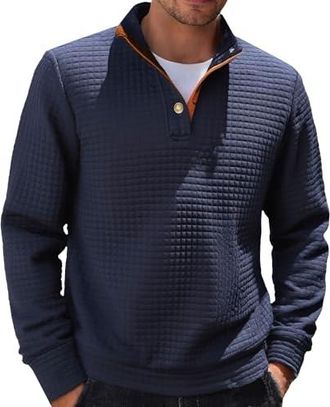 Generic Sweat-shirts pour hommes - Printemps et automne - Carreaux carrés - Col montant - Bouton unique - Décontracté - Manches longues - Sweat-shirt dhiver s