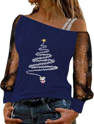 Generic Haut Femme Chic Chemisier Blouse &Agrave; Manches Longues Transparentes T-Shirt Paillettes Mode Mesh Chic &Eacute;paules D&eacute;nud&eacute;es Chemisier No&euml;l Haut Tops Pullover 