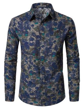 PARKLEES Chemise boutonn&eacute;e &agrave; manches longues en coton et lin pour homme Motif traditionnel r&eacute;tro ann&eacute;es 70, motif floral bleu, M