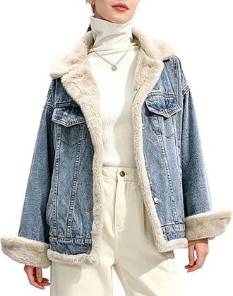 Generic Veste en jean sherpa r&eacute;versible et chaude avec col crant&eacute; et fausse fourrure pour femme, bleu, XXL