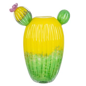 GILDE GLAS art Glas Art Vase Kaktusblüte - gelb, grün, lila - Glas - Höhe 32cm - wasserdicht - Tischvase