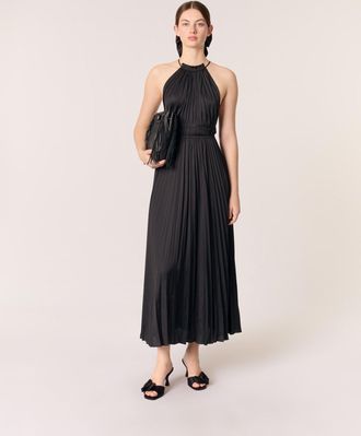 Maje Robe Longue Satin&eacute;e Pliss&eacute;e - Noir - Taille 40 - Maje