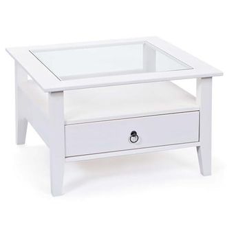 Inter Link SAS Table basse - Table en bois massif - Table de salon - Table basse - Pin Massif - avec plateau verre - 1 tiroir teinté blanc - 115 x 60 x 45 cm - Prove
