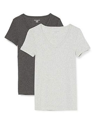 Amazon Essentials T-Shirt Col en v à Manches Courtes Coupe Ajustée Femme, Lot de 2, Charbon Chiné/Gris Clair Chiné, M