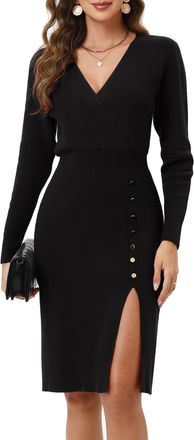 KOJOOIN Strickkleid Damen V Ausschnitt Langarm Pulloverkleid Elegant Wickelkleid Tunika Knielang Partykleid f&uuml;r Herbst Winter Schwarz XXL