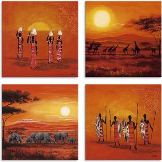 Artland Wanddeko Leinwand Bilder Natur Set 4 tlg. je 30x30 cm Quadratisch Wandbilder Afrika Safari Landschaft Elefanten Giraffen Sonnenuntergang U1OG