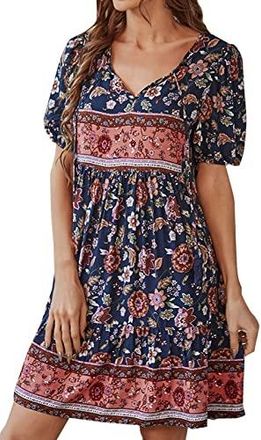 Generic Robes boh&egrave;me 2026 pour femmes, col en V, pompons, style boh&egrave;me, bleu marine, XL