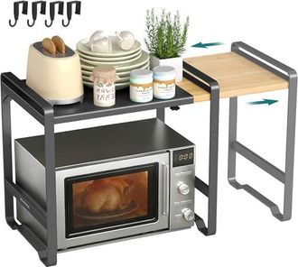 Songmics Étagère pour Micro-Ondes, Extensible, Support pour Mini Four, Largeur Réglable de 41,5 à 64 cm, Étagère de Cuisine, Acier et Bambou, 4 Crochets, Noir 