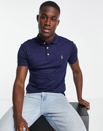 Polo Ralph Lauren Polo slim en coton pima avec logo joueur multicolore - Bleu marine