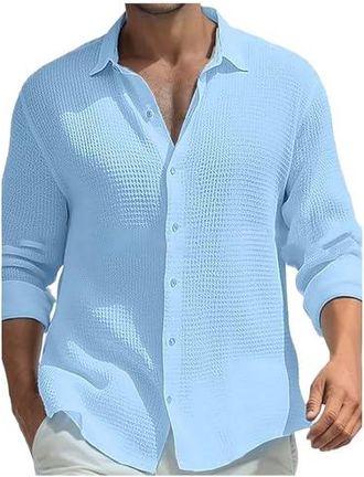 Generic Chemise pour homme Buissnes - Décontractée - Gaufrée - Manches longues - Coupe droite - Chemise western - Chemise à manches longues, bleu, XXXL