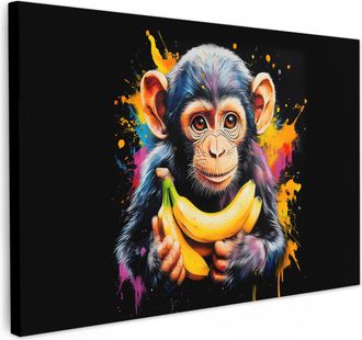 MuchoWow © Leinwandbild 90x60 cm Dekoration Wohnzimmer Bilder Pictures Wall Decoration Living Room Wohnungs Deko Moderne Bild Affe - Graffiti - Bunt - Bananen 
