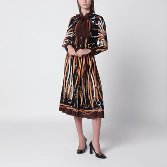 Gucci Schwarzes/Braunes Seidenhemdkleid mit Reitsport-Print