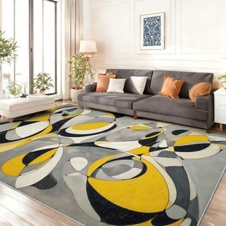Generic Gris Jaune Tapis pour Salon 160 x 230 cm, Lavables avec Dos Antid&eacute;rapant, Tapis &agrave; Poils Courts Imprim&eacute; Abstrait Mode Art D&eacute;co pour Cuisine Salle &agrave; Man