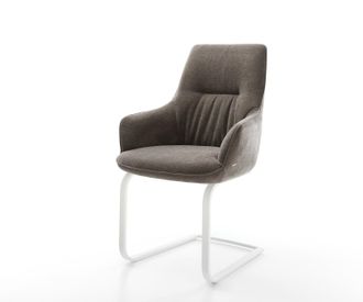 DELIFE Freischwinger Zelia-Flex mit Armlehnen Strukturstoff Soft Taupe Freischwinger flach Wei&szlig; Taschenfederkern, Esszimmerst&uuml;hle