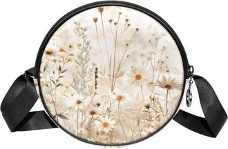 Generic Sac &agrave; bandouli&egrave;re rond pour femme, motif fleurs sauvages, beige, petit sac &agrave; bandouli&egrave;re avec fermeture &eacute;clair, bretelles r&eacute;glables, sac &agrave; main rond d