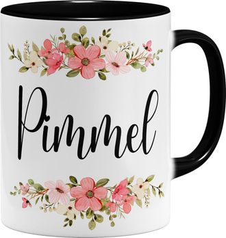 OM3 witzige Pimmel Kaffee-Tasse mit Spruch - Blumig Kitschig - Keramik Becher - 325ml - Beidseitig Bedruckt - Schwarz