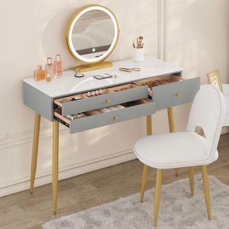 Woltu Schminktisch Kosmetiktisch mit Beleuchtung Hocker Frisiertisch mit 3 Schubladen aus Massivholz Grau+Gold - Woltu