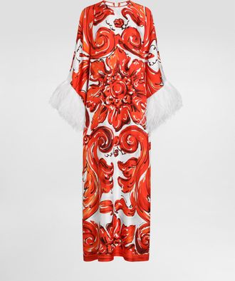 Dolce & Gabbana Langes Kaftankleid Mit Federfransen In Majolika-print - Frau Kleider Mehrfarbig 44