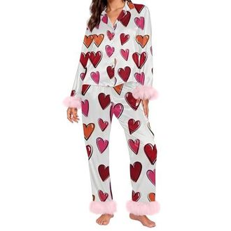 Generic Ensemble de pyjama en satin pour femme - V&ecirc;tement de nuit imprim&eacute; coeur - Haut et pantalon boutonn&eacute;s - Tenue 2 pi&egrave;ces - Pyjama en soie doux et confort