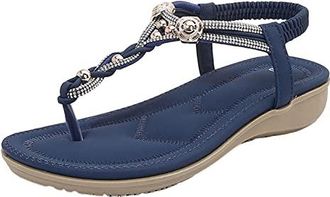 Generic Fccrian Sandales plates dété pour femme avec strass et fleurs - Tongs de plage creuses - Sangle en T élastique - Chaussures bohème décontractées dété 