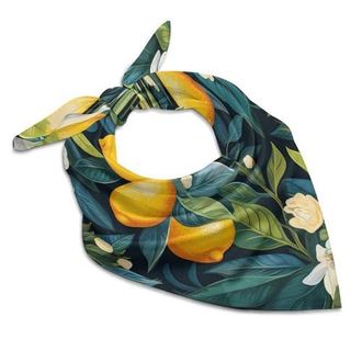 Generic Écharpe carrée en soie légère avec motif feuilles de citron aquarelle et fleurs tropicales pour cheveux, foulard respirant, cadeau pour homme et femme