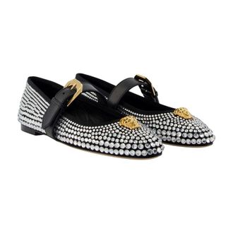 Versace Womens Crystal-Embellished Calfskin Flat Black
