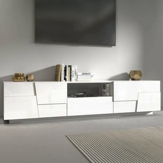 Dmora TV-St&auml;nder Velio, niedriges Wohnzimmer-Kommode mit 2 T&uuml;ren und 1 Schublade, TV-St&auml;nder-Basis, 150x44x46 cm, gl&auml;nzendes Wei&szlig;
