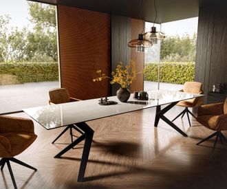 DELIFE Esstisch Edge 300x100 cm Keramik Onyx Champagne Zenthara kantig Metall Schwarz, Esstische