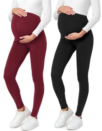 Be Mammy Lange Umstandsleggings 2er Pack aus Baumwolle Leggings f&uuml;r Schwangere Umstands Leggings Schwangerschafts Unterhosen mit Hoher Bund BE20-230 (Schwarz/W