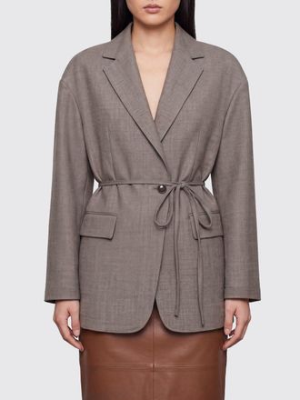Brunello Cucinelli Blazer droit en laine vierge avec ceinture et &eacute;paules tombantes