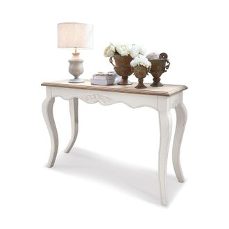 Loberon Konsole Bellerose, Hochwertige Handwerkskunst, Elegante Landhausverzierungen, Handgedrechselte Beine, White-Wash-Finish, Konsolentisch, Mangoholz, ant