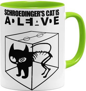 OM3 Big Bang - Schroedingers Cat - Tasse - Keramik Becher - 11oz 325ml - Beidseitig Bedruckt - Hellgrün
