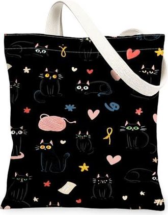 Generic Sac fourre-tout en toile motif chat fantaisie, sacs de courses r&eacute;utilisables, l&eacute;gers et lavables avec bandouli&egrave;re en toile pour Tr, noir, 13x15 Inch