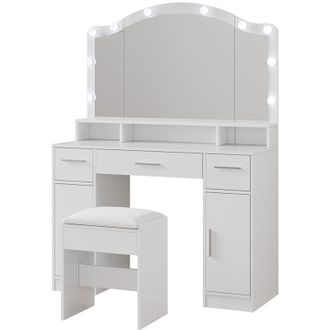 Vicco Coiffeuse Lumira, Blanc, 110cm avec miroir led et tabouret