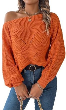 Feoya Pull sexy ajour&eacute; pour femme - Pull surdimensionn&eacute; &agrave; &eacute;paules d&eacute;nud&eacute;es - Manches lanterne - Pull en tricot avec encolure bateau, Orange, S