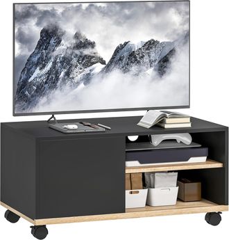 HOMCOM TV-Ständer mit Rädern, Mobiler TV-Tisch, TV-Ständer für Fernseher bis zu 42 Zoll, mit 1 Tür, 2 offenen Fächern, verstellbarem Regal, für Wohnzimmer, E