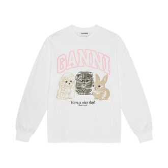 Ganni Femme, Sweatshirts et sweats à capuche, Blanc, Taille: 42 FR Pull Blanc avec Imprimé Graphique et Col Rond