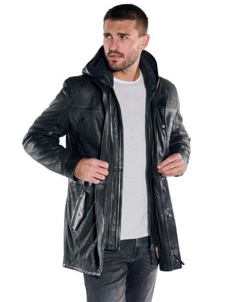 Emilio Adani Herren Herren Lederjacke mit Abnehmbarer Kapuze, Schwarz, 39278, Schwarz in Gr&ouml;&szlig;e 50