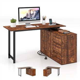 Giantex L-förmiger Computertisch, 138 cm reversibler Eck-Schreibtisch mit Aktenschrank, Schubladen & Ladestation, platzsparender Bürotisch für Homeoffice & Bü