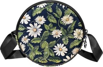 Generic Petit sac &agrave; bandouli&egrave;re circulaire pour femme, marguerites, feuilles, petit sac &agrave; bandouli&egrave;re avec fermeture &eacute;clair, bretelles r&eacute;glables, sac &agrave; main r