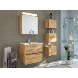 Magnolia Home Badm&ouml;belset Taifun 60cm 3tlg mit Spiegelschrank und 3er Boxen Set eiche gold