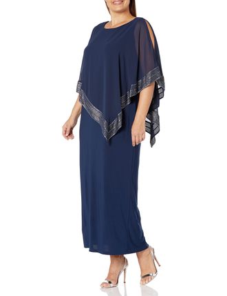 S.L. Fashions Damen Langes, Schulterfreies Capelett Metallischem Rand Capelet-Kleid in &Uuml;bergr&ouml;&szlig;e mit Perlendetails, tiefes Marineblau, 52 Mehr