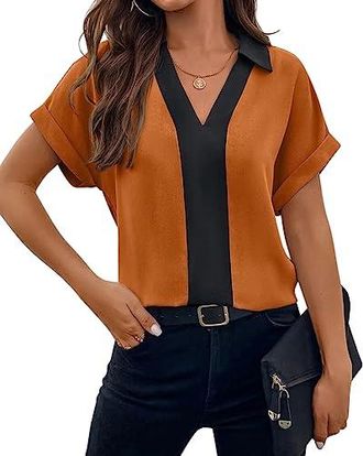 ORANDESIGNE Blouse Femme Manches Courtes Chic Et Élégant Fluide Haut Col V Tee Shirt Ample Tunique Moderne Chemise Legere Été Mousseline Chemisier Casual T Shirt 